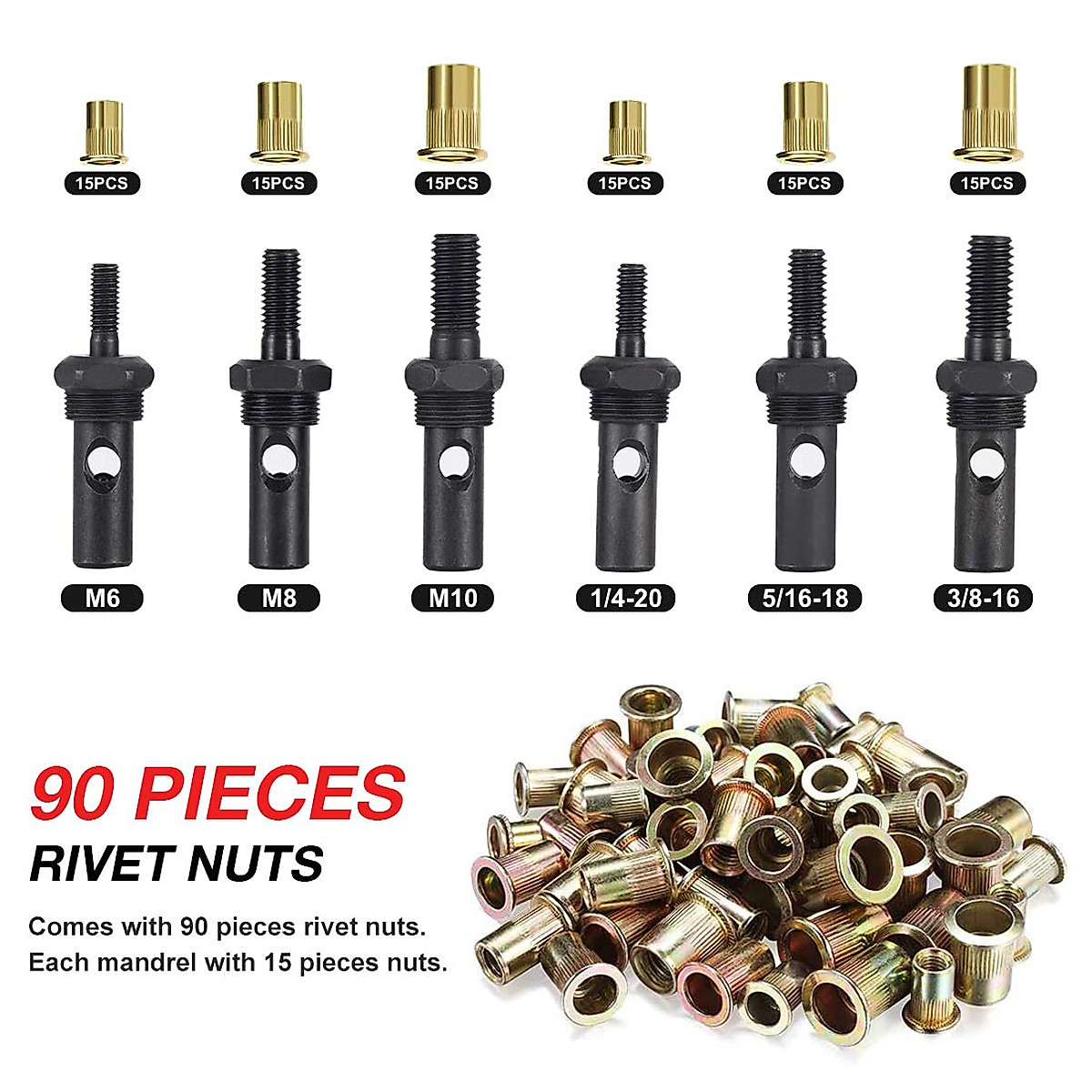 AOBEN 14" Rivet Nut Tool, Professional Hand Rivet Nut Setter Kit Labor-Saving and Compact Design Including 6 Interchangeable Mandrels 90pcs Rivnuts and 2 Mandrel Lock Pins