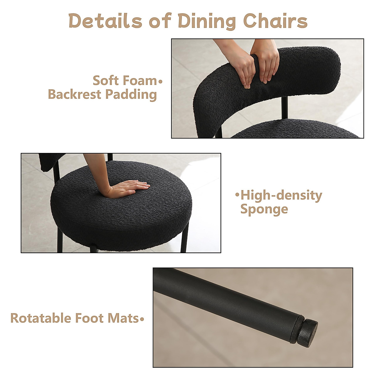 AISALL Black Dining Chairs Set of 2 Round Upholstered Boucle Dining Room Chairs Mid-Century Modern Kitchen Chairs Curved Backrest Chairs for Dining Room Black Metal Legs