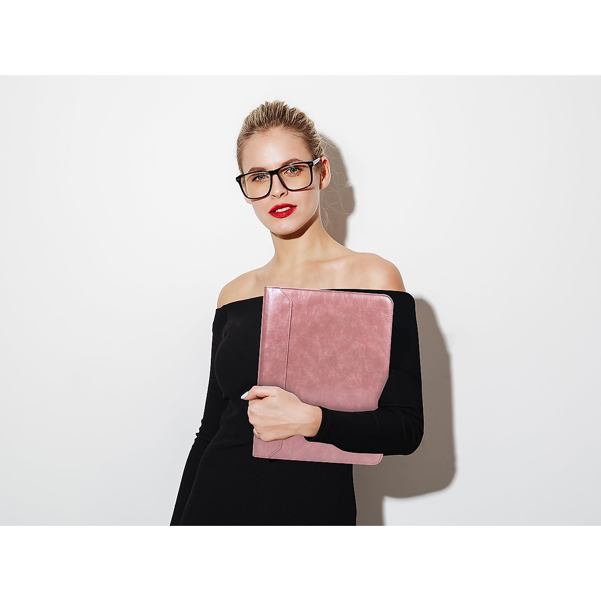 AZXCG Zipper Binder Portfolio for Women, 3 Ring Binders 1 inch, PU Leather Padfolio Folder, Business Portfolio Organizer with A4 Legal Pads, Thin Leather Professional Binder, Gift for Her, Rosegold