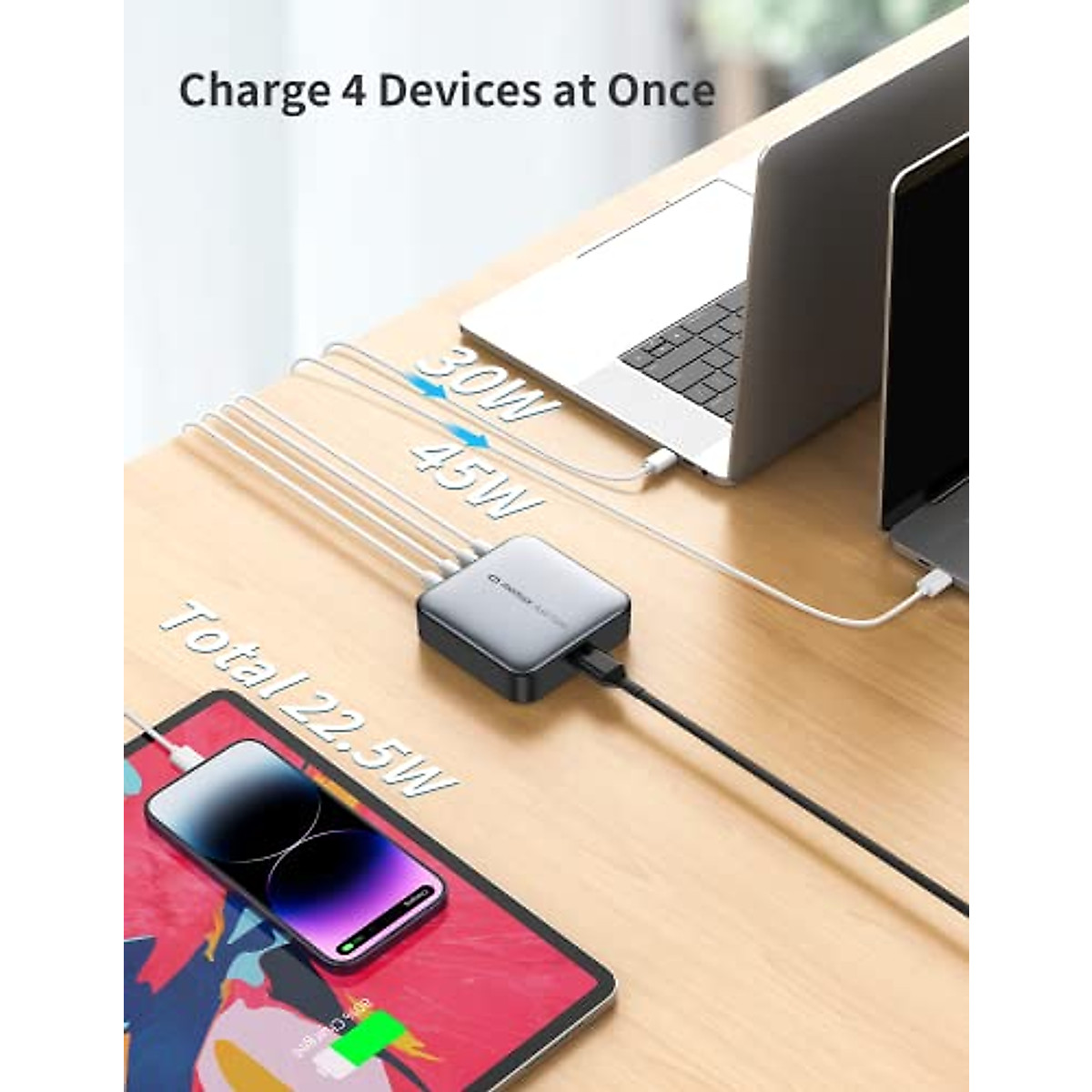 MOMAX USB C Charging Station, 100W GaN USB C Charger with 6.56ft Cord, Fast USB C PD Charger Hub with 2USB-C, 2USB-A, PPS, QC, Desk Charging Station for iPhone14/13/12, MacBook Pro/Air, Laptop, etc