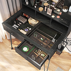 TC-HOMENY Makeup Desk Glass Top, Vanity Desk Dressing Table with Hair Tool Holder and Charging Station, 2 Drawers & Open Shelves Dresser Desk and Cushioned Stool Set