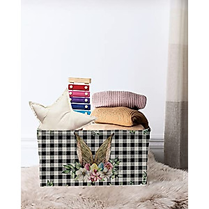 Easter Storage Bins with Handles, Rabbit Ears Eucalyptus Leaves Flower Black Buffalo Plaid Storage Basket for Shelves, Cube Storage Organizer Bins for Toys, Closet (1 Pack, 15" x 11" x 9.5")