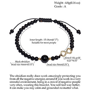 Jewever Natural Crystals and Gemstones Infinity Charm Bracelet for Women Worry Stone Beaded Friendship Bracelets Adjustable (Black Obsidian)