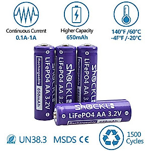 (3- Pack) Shockli AA 3.2 Volts LiFePo4 650mAh Rechargeable Battery, Lithium Iron Phosphate 3.2V Solar Batteries - Ideal for Solar Garden Light
