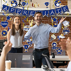 VitalCozy 39 Pcs We Appreciate You Banner Decorations Thank You Banner Hanging Swirls and Banners Blue Gold Employee Appreciation Decorations for Staff Teacher Retirement Doctor Nurse Photo Backdrop