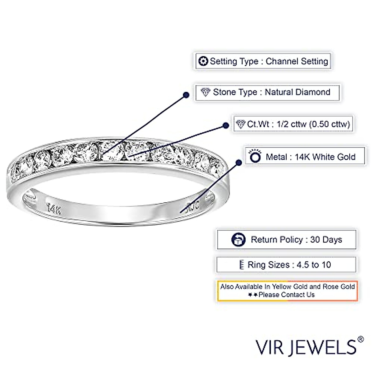 Vir Jewels 1/2 carat (ctw) Diamond Wedding Anniversary Band for Women, Half Eternity Round Diamond Engagement Ring 14K White Gold Channel Set 0.50 cttw, Size 7