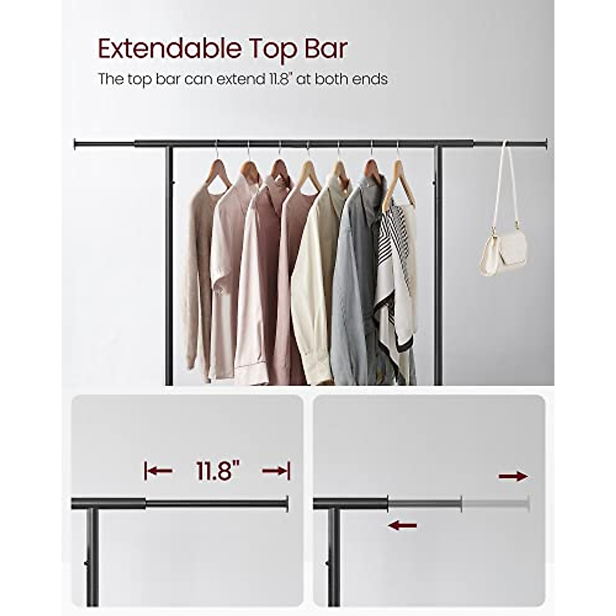 VASAGLE Clothes Rack, Clothing Rack with Wheels, 43.3-66.9 Inch Extendable Bar, Height-adjustable Garment Rack, 332 lb Load, 2 Brakes, Heavy-Duty, Industrial, Rustic Brown and Black URGR111B01V1