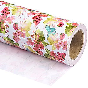 WRAPAHOLIC Lagre Floral Wrapping Paper Roll - Glitter Floral Butterfly Wrapping Paper for Wedding, Women Birthday, Mother's Day, Valentine's Day - 30 inch x 16.5 feet
