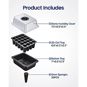 iDOO Seed Starter Tray with Grow Sponges, 20 Cells Reusable Seed Starter Kit with Humidity Dome, Base Mini Greenhouse Germination Kit for Seeds Growing Starting