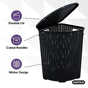 Plastic Corner Laundry Hamper with Lid, Curved Designed Laundry Basket, 2 Pack Triangle Black Cloths Hamper Organizer with Cut-out Handles for Laundry Room Bedroom Bathroom, Wicker Design, 50 Liter