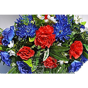 Summer Patriotic Cemetery Flowers with Red Roses, Blue Spider Mums, Blue Roses, and White Forget-me-nots headstone saddle arrangement