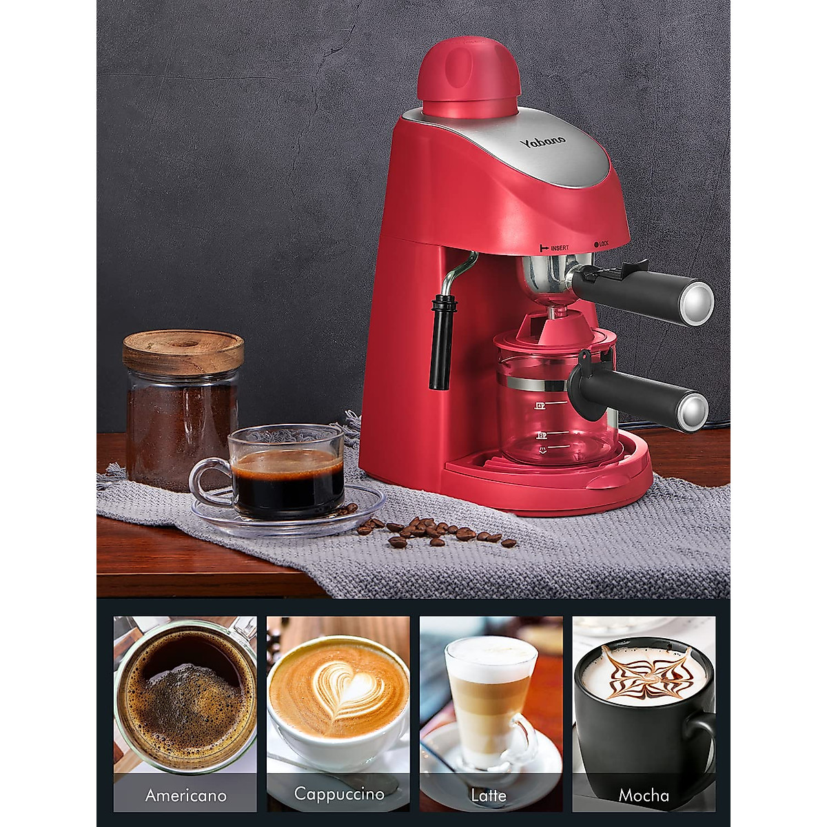 Yabano Espresso Machine, 3.5Bar Espresso Coffee Maker, Espresso and Cappuccino Machine with Milk Frother, Espresso Maker with Steamer (Red)