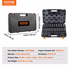 VEVOR 1/2" Drive Impact Socket Set, 34 Piece Socket Set Metric 8-36mm, 6 Point Cr-MO Alloy Steel for Auto Repair, Easy-to-Read Size Markings, Rugged Construction, Includes Storage Case