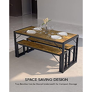 Dining Table Set for 4, 4 Seat Dining Room Table Set, 3 Piece Kitchen Table Set, Rectangular Table Set, Wood Modern Table and Bench Set, 45.5 x 30.4 x 30.4 inch, Metal Frame and MDF Board (Retro)