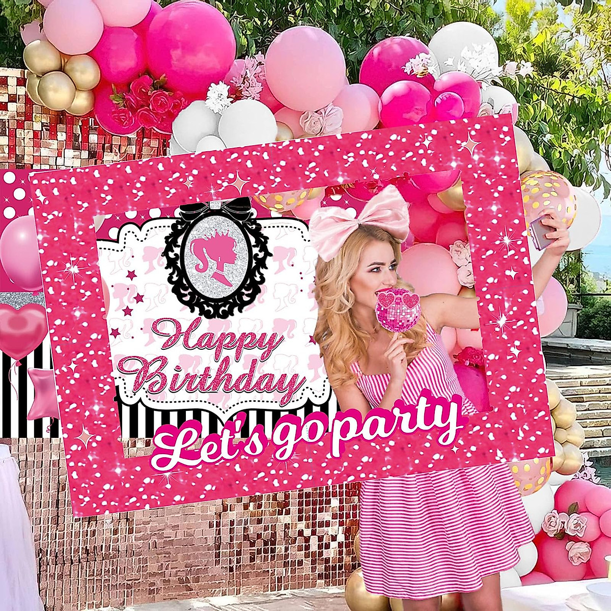 LMSHOWOWO 30PCS Funny Hot Pink Girls Princess Photo Booth Props, Let's Go Party Princess Doll Theme Photo Booth Frame for Girls Birthday Party Decorations Bachelorette Bridal Shower Party Supplies