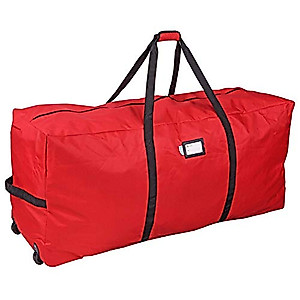 Primode Christmas Rolling Tree Storage Bag, Fits Up to 7.5 Ft. Tall Disassembled Holiday Trees, 22" H X 16" W X 50" L, Large Heavy Duty Storage Container with 2 Wheels and Handles (Red)