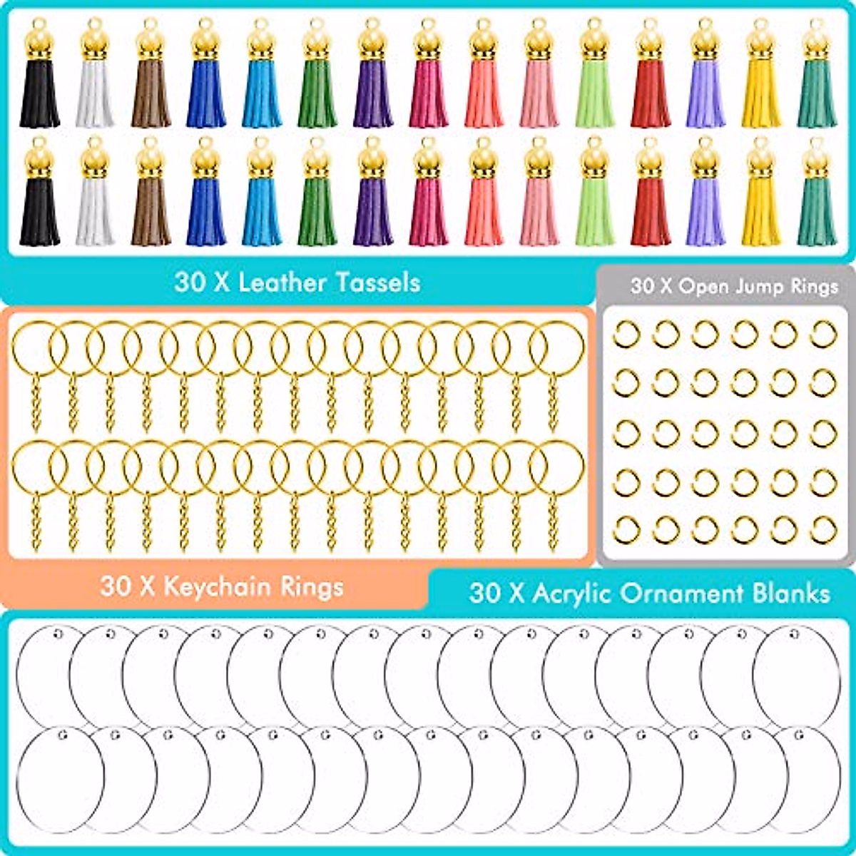 Acrylic Keychain Blanks, Audab 120pcs Blank Keychains for Vinyl Kit Including 30pcs Acrylic Discs, 30pcs keychain Tassels, 30pcs Gold Key chain Rings and 30pcs Jump Rings for DIY Keychain, Vinyl Craft