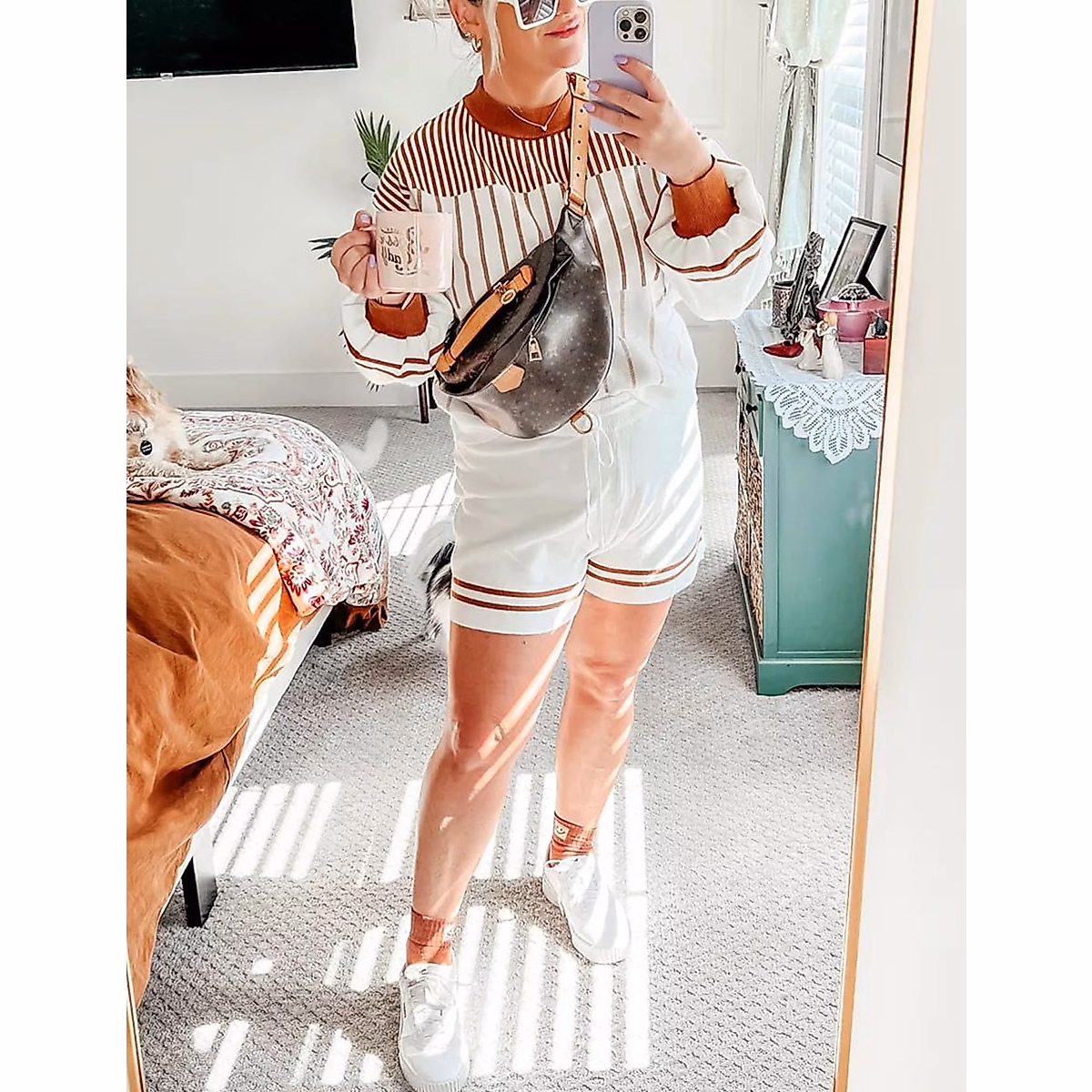 Gihuo Women' s Striped 2 Piece Outfits Crewneck Knit Pullover Sweater Shorts Set Wide Leg Matching Set Loungewear(Brown-M)