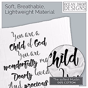 Ocean Drop 100% Cotton Muslin Swaddle Baby Blanket – ‘Child of God’ Quote with Gift Box for Baptism, Christening Gift, Godson, Goddaughter, Baby Shower – Super Soft, Breathable, Large 47 x47”