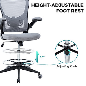 Hramk Ergonomic Office Drafting Desk Chair with Flip up Arms, Mesh Back Tall Office Chair with Adjustable Lumbar Support and Foot Ring (Nylon Wheelbase, Grey)