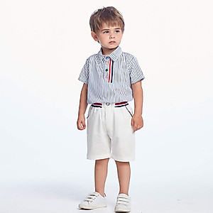 Top and Top Toddler Baby Boys Short Sleeve Button Down Blue Striped Shirts Short Pants Clothing Sets (110/4T)