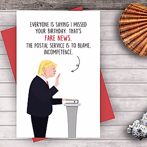 Alzombi Funny Trump Belated Birthday Card for Friends, Joke Belated Bday Card for Men Women, That's Fake News