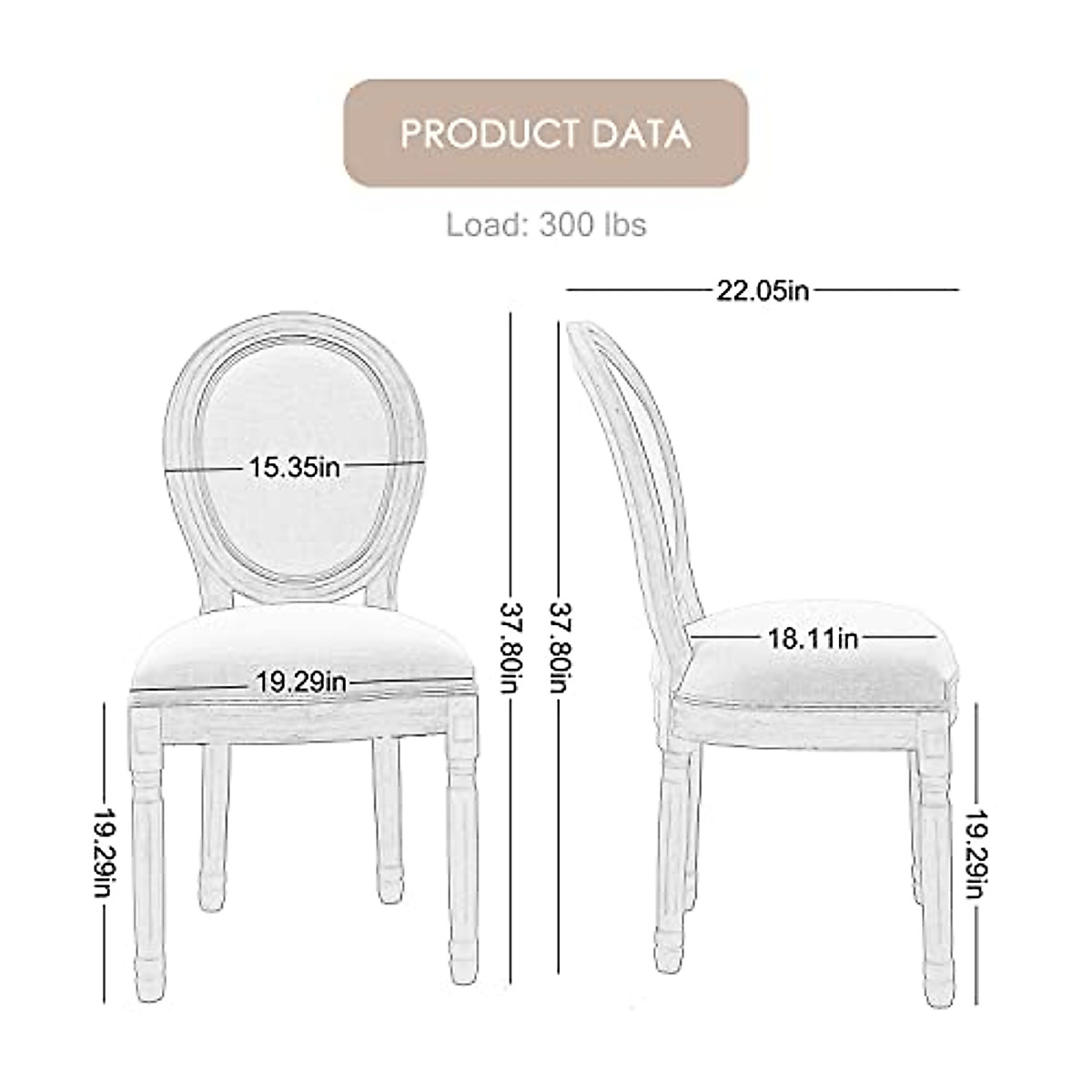 Kiztir French Country Dining Chairs Set of 6, Farmhouse Dining Chairs with Round Backrest, Mid Century Upholstered Dining Chairs with Solid Wood Leg for Dining Room Bedroom Kitchen Restaurant (Beige)