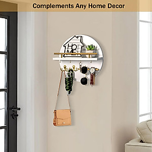 Key Holder for Wall Decorative with Shelf and Hooks, Mail Organizer Wall Mount with Sunglasses Holder, Circular Design Entryway Key Rack Hanger, Rustic Home Decor Boho Wall Decor (White)