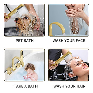 WATHELS Modern 4-Hole Waterfall Brushed Gold Bathtub Faucet Bathroom Roman Tub Filler Solid Brass Tub Faucet with Handheld Shower