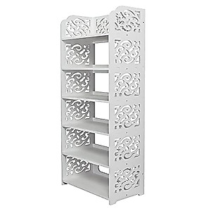 Stylish 6 Tier Wood-Plastic Shoe Rack Organizer with Carved Design - Elegant White Decorative Closet Shoe Storage Rack