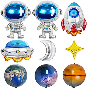 MIKIMIQI 9 Pcs Outer Space Balloons Space Themed Foil Balloons UFO Party Supplies Decorations Large Moon Stars Planet Rocket Astronaut UFO Balloon Baby Shower Birthday Party Supplies Favors