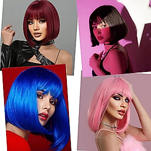 PHOENIXFLY Short Dark Red Bob Wig With Bangs -12 Inch Natural Fashion Bob Wigs for Women, Cute Colored Synthetic Wig for Daily Party Halloween (Dark Red,99J)