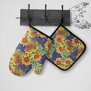 Oplp Watercolor Sunflowers Summer 3 Piece Kitchen Set Waterproof Apron with Oven Mitt and Pot Holder Cooking Adjustable Apron Microwave Glove Potholder