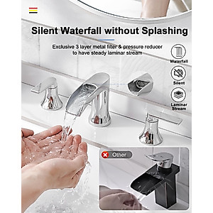 HOIGY Chrome Bathroom Faucet, 2 Handles Brass Widespread Waterfall Faucet for Bathroom Sink, 4-10 Inch Sink Faucet Bathroom 3 Hole, Farmhouse RV Restroom Vanity Faucet with Pop Up Drain & Water Hoses