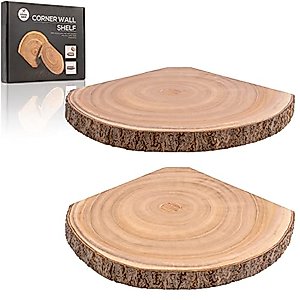KITCHENMANIA Corner Wall Shelf,Corner Floating Shelves Set of 2, Wood Slices with Bark Decorations Style,Wall Mount Storage Display for Bathroom,Kitchen,Living Room Decor,Bedroom,Office,Plant