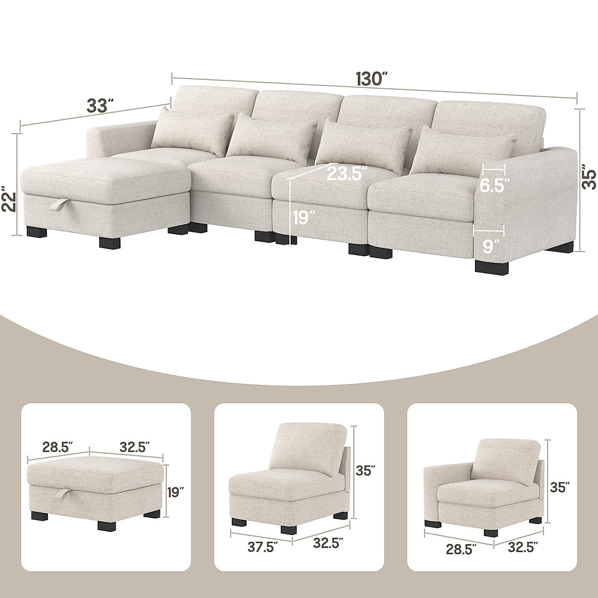 Lonkwa 130" Modular Sectional Sofa Couch, Beige Convertible L-Shaped Couch with 4 Pillow, 4 Seat Modern Fabric Modular Sectional Couch with Storage Ottoman, Sectional Couches for Living Room