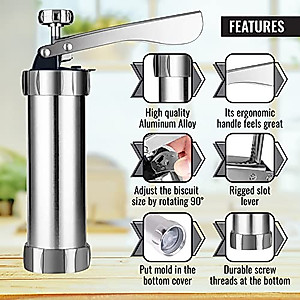 Cookie Press Kit with 20 Discs | Small Biscuit Maker Hand Press and Stamps for Cookies | 4 Icing Tips for Cake Decorating with Aluminum Cookie Gun