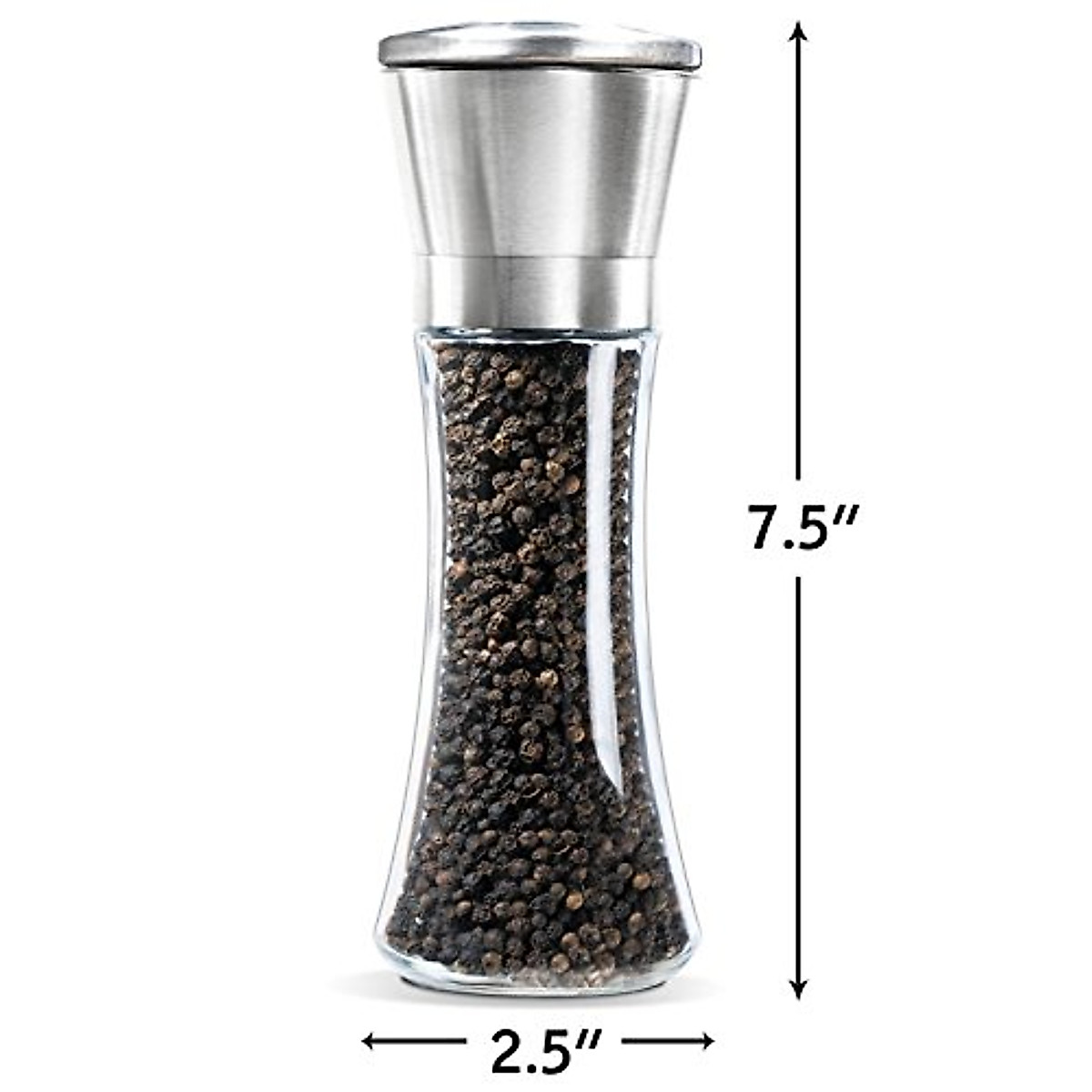 Levav Premium Salt and Pepper Grinder Set of 2 - Brushed Stainless Steel Pepper Mill and Salt Mill, Glass Body, SIze Grade adjustable ceramic rotor-salt and pepper shakers (tall)