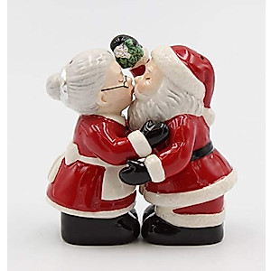 Fine Ceramic Kissing Santa & Mrs. Claus Under the Mistle Salt & Pepper Shakers Set, 3-3/8"