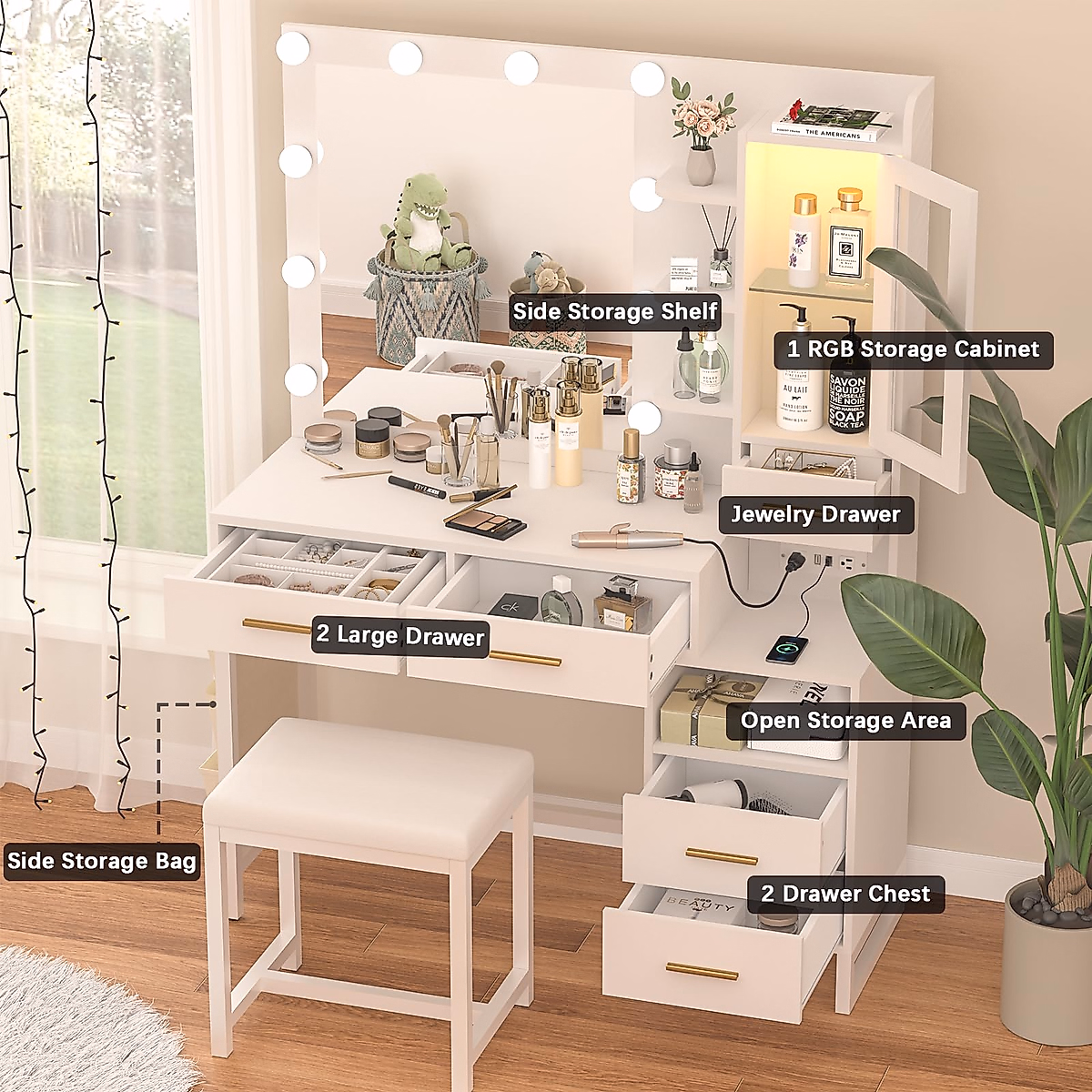 CSZZD Makeup Vanity Desk with Mirror and Lights, White Vanity Table Set with Charging Station, LED Cabinet, 5 Drawers & Storage Bag, 3 Lighting Modes, Bedroom Vanity Mirror with Lights Desk and Chair