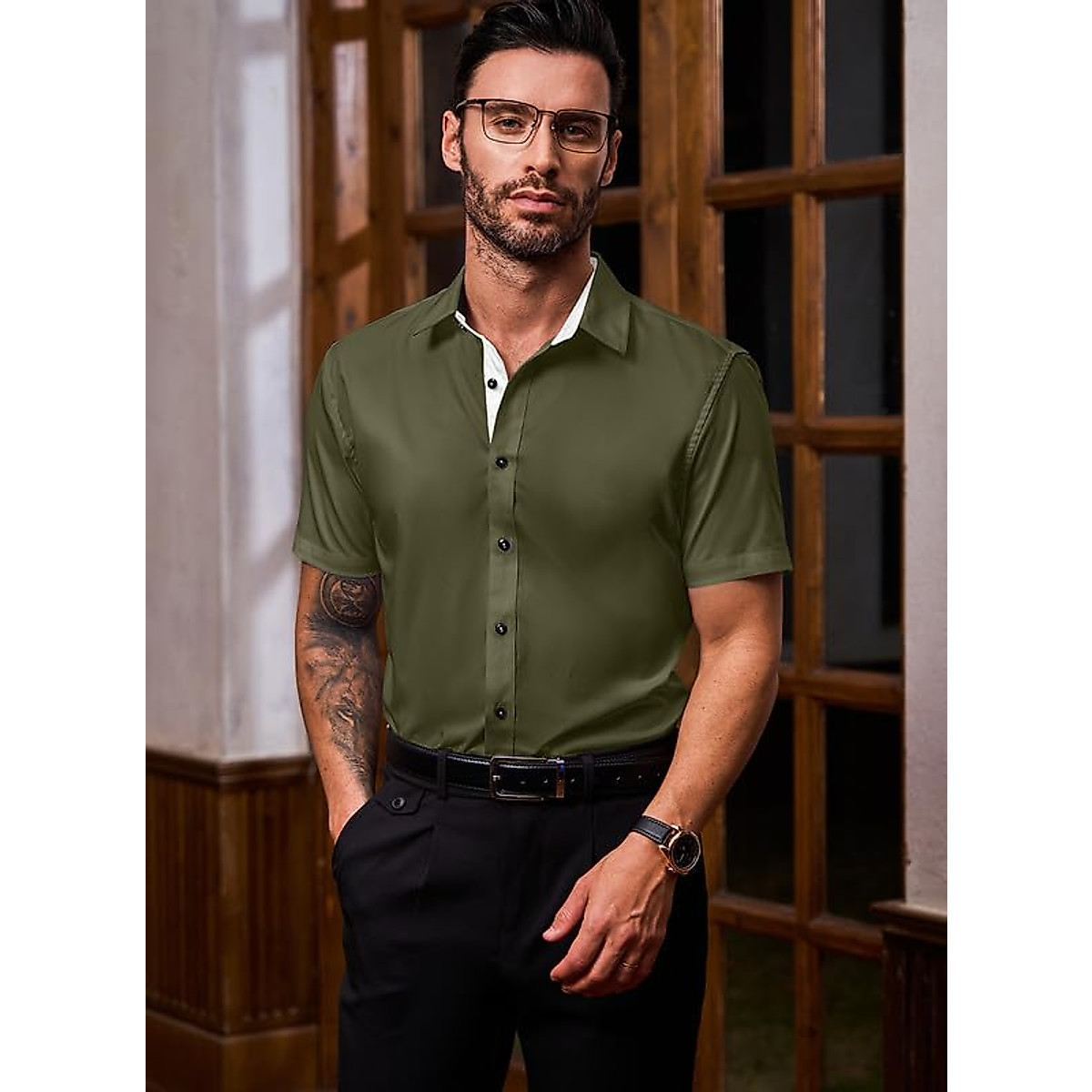 JMIERR Men's Casual Button Down Shirts Wrinkle-Free Short Sleeve Business Muscle Slim Fit Non Iron Dress Shirt for Men, XL, Olive Green