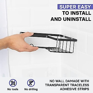 KINCMAX Corner Shower Caddy, Rustproof SUS304 Stainless Steel, Adhesive Wall Mount Double Baskets 2-pack with Built-in Hooks (Matte Black)