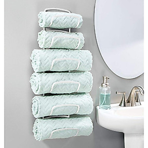 mDesign Steel Towel Holder for Bathroom Wall - Wall Mounted Organizer for Rolled Towels and Bath Robes - Six Level Wall Mount Towel Storage Rack - Bathroom Towel Organizer - Hyde Collection - White