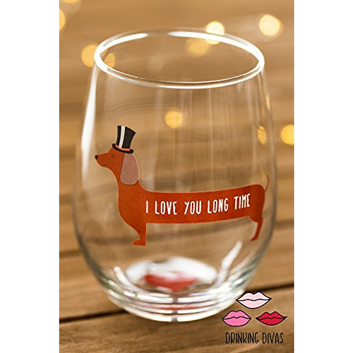 Drinking Divas - I Love You Long Time - 15oz Stemless Dachshund Dog Wine Glass – Birthday Mother's Dayand Christmas Weiner Dog Gifts | Funny Wine Glasses with Sayings for Dog Lovers
