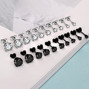 KANOUE 10 Pairs Silver and Black Stud Earrings Set, Hypoallergenic Earrings for Women Studs Set, Stainless Steel Earrings, Cubic Zirconia Earrings Studs for Girls