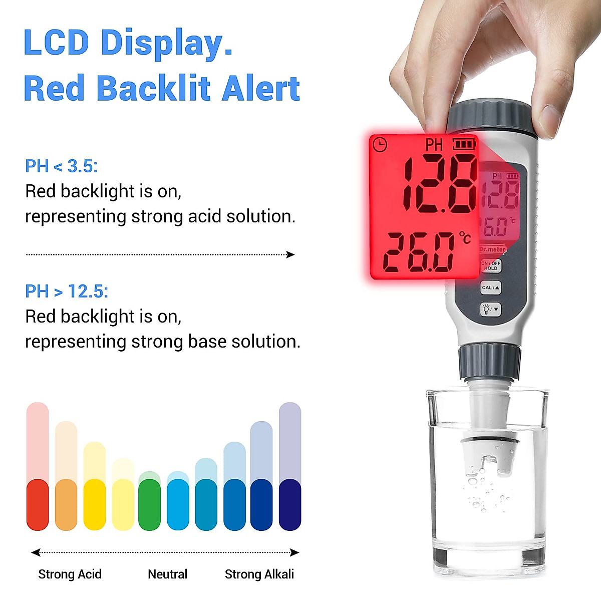 Dr.meter Digital Water pH Meter, 0.01 Resolution High Accuracy PH Testing Pen with Backlit and Data Hold, 0-14pH Measurement Range Water Quality Tester for Hydroponics, Pool, Aquarium, Brewing
