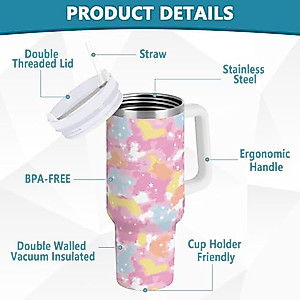 Emelivor Clouds Stars Pink 40 oz Tumbler with Lid and Straw Insulated Tumblers with Handle Travel Coffee Mug Cup Large Water Bottles Cup for Women Men Sports Gym