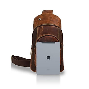 Handmade Buffalo Leather Travel Hiking Crossbody Chest Sling Multipurpose Shoulder Strap Backpack Bag for Men and Womens (Brown, Large)