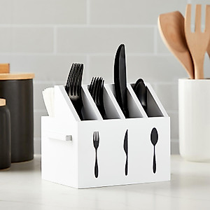 Wooden Utensil Holder, Silverware Caddy for Kitchen (7 x 5.5 x 6.6 In, White)
