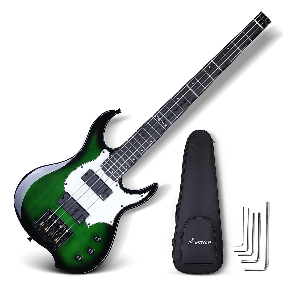 Asmuse Headless Electric Bass Guitar, Full Size Electric Bass Guitar Kit, HH Pickup Solid Body Electric Bass Guitar, Guitar Beginner Set with Gig Bag and Accessories (Green)
